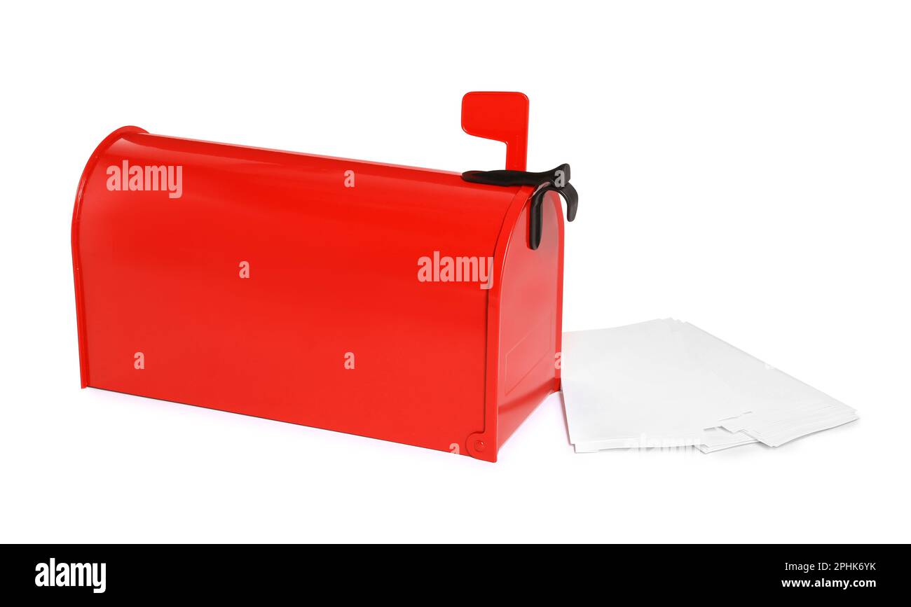 Red letter box and envelopes on white background Stock Photo - Alamy