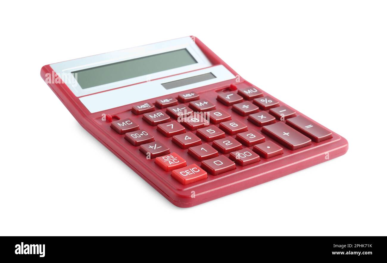 Red calculator on white background. Office equipment Stock Photo - Alamy