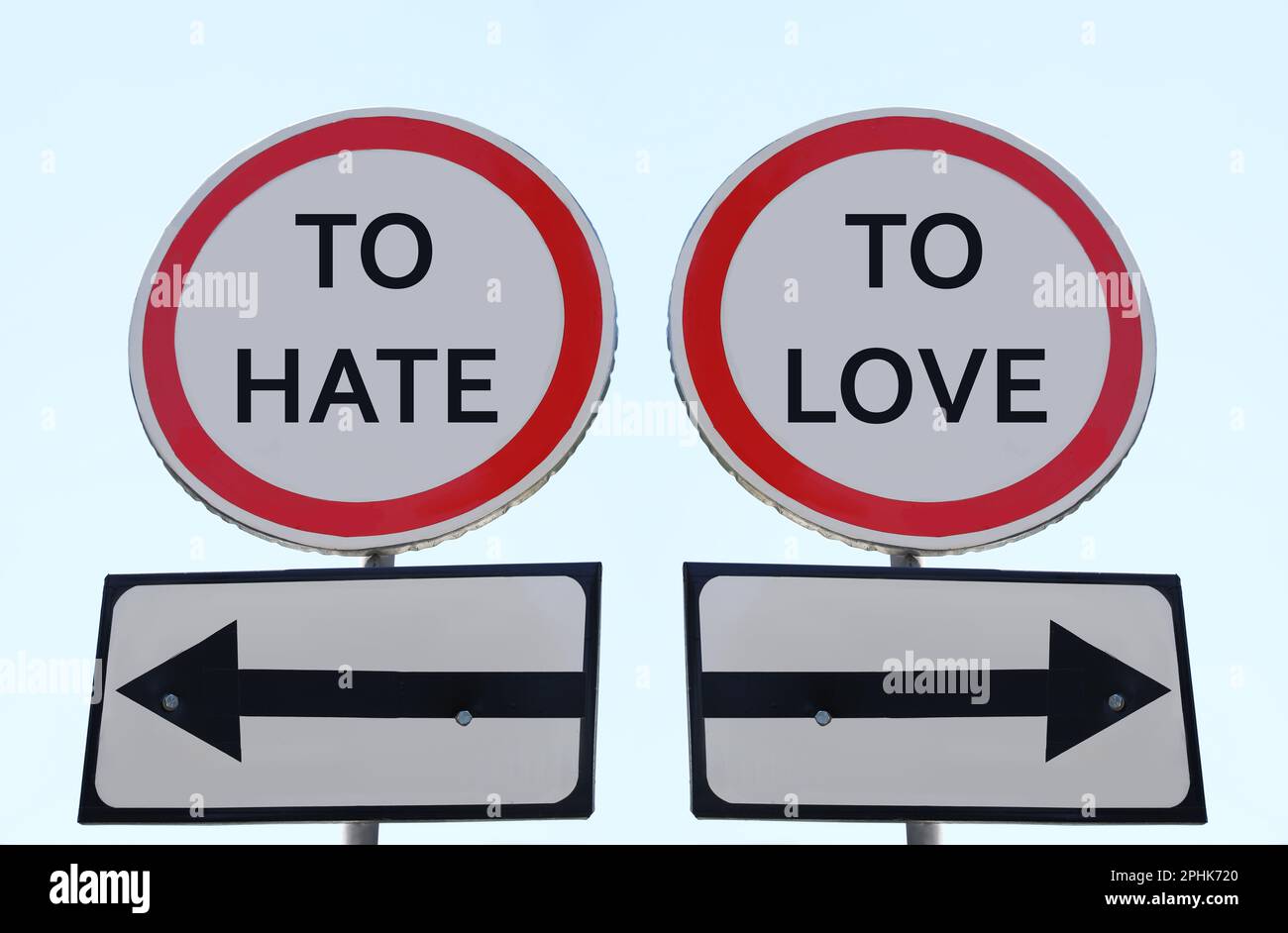 Road signs with different directions - TO HATE or TO LOVE outdoors ...