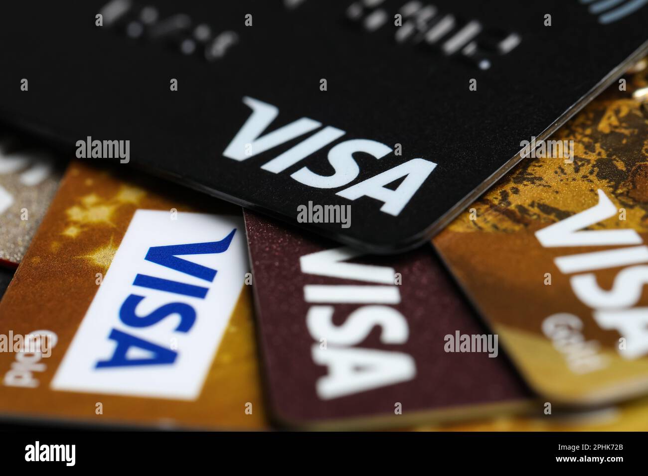 MYKOLAIV, UKRAINE - FEBRUARY 22, 2022: Visa credit cards as background ...