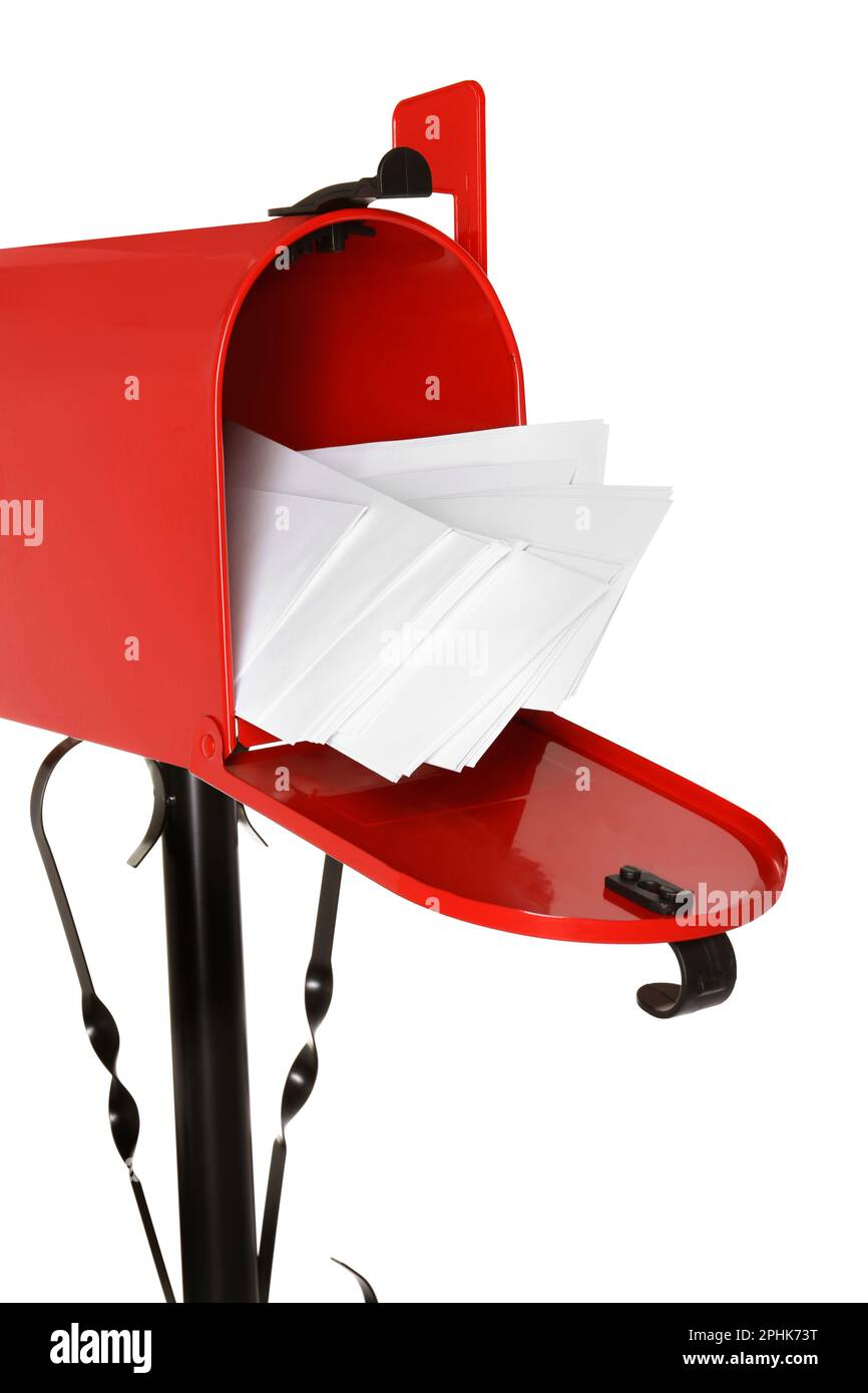 Red letter box with envelopes on white background Stock Photo - Alamy