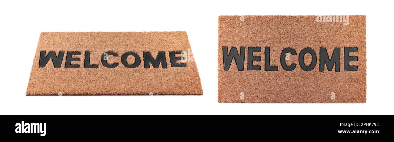 New door mats with word WELCOME on white background, collage. Banner ...