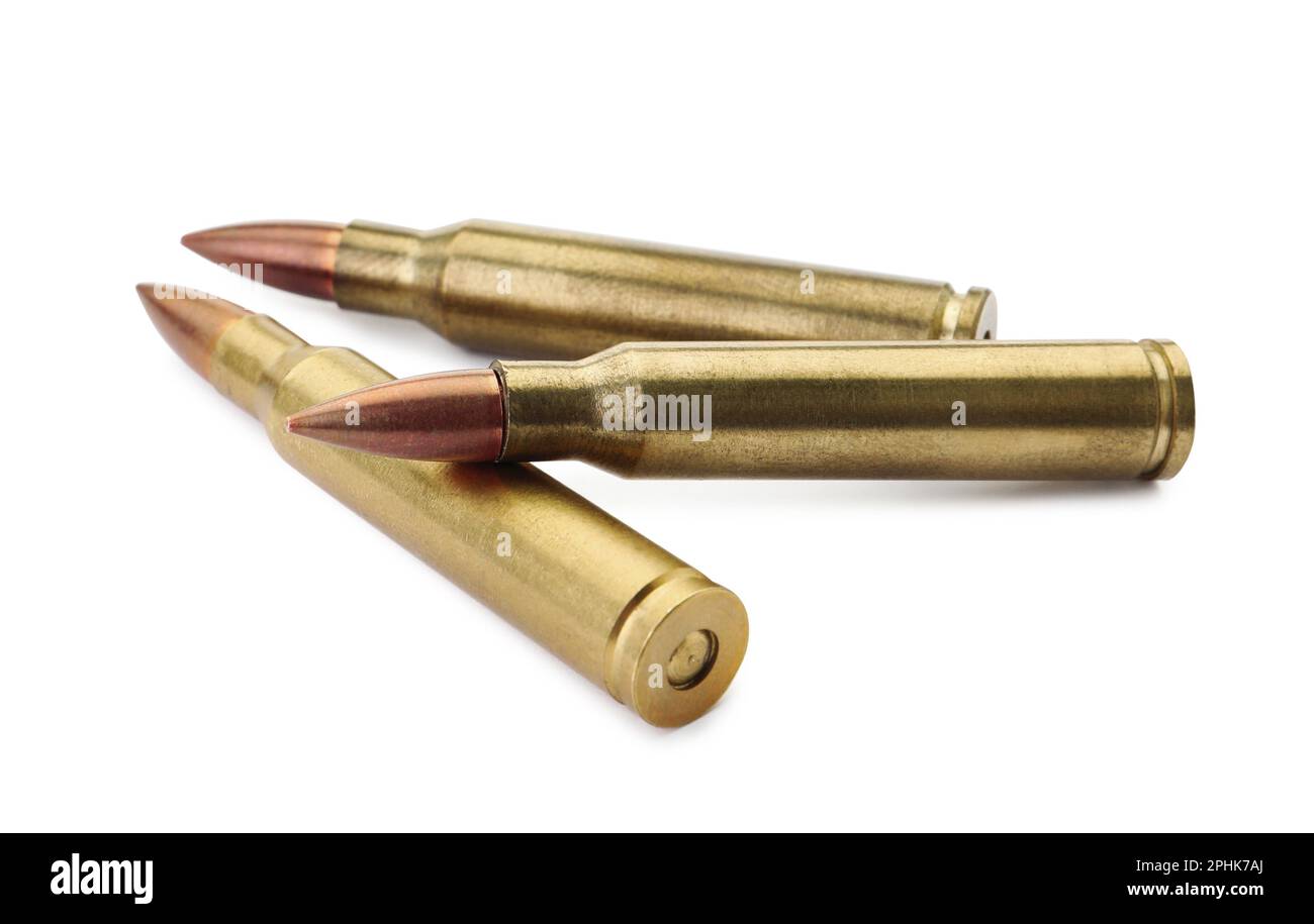 Three bullets on white background. Military ammunition Stock Photo - Alamy