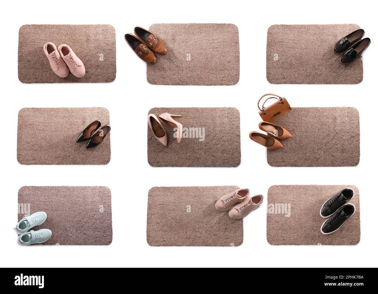 Set with door mats and different shoes on white background, top view ...