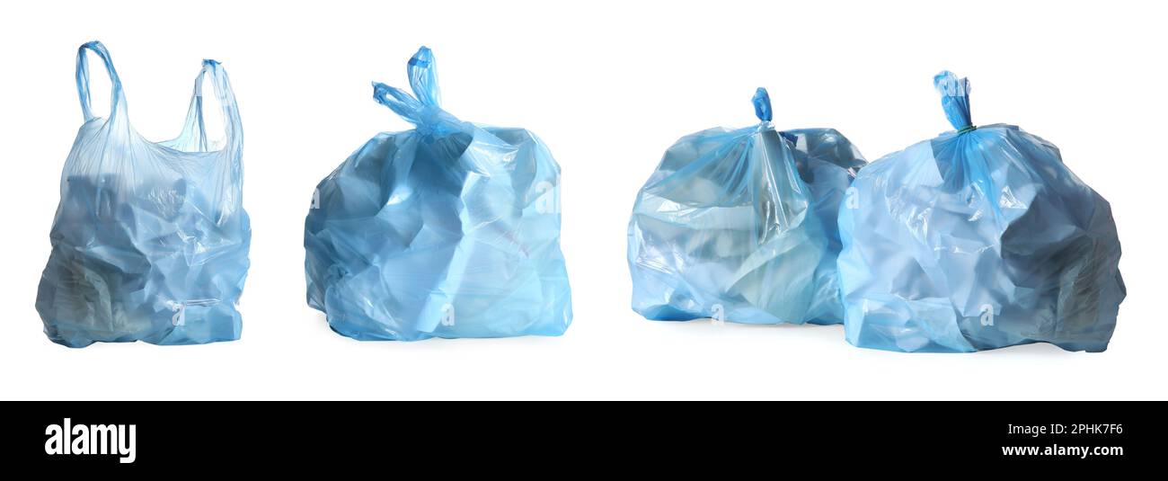 Set with light blue trash bags full of garbage on white background ...