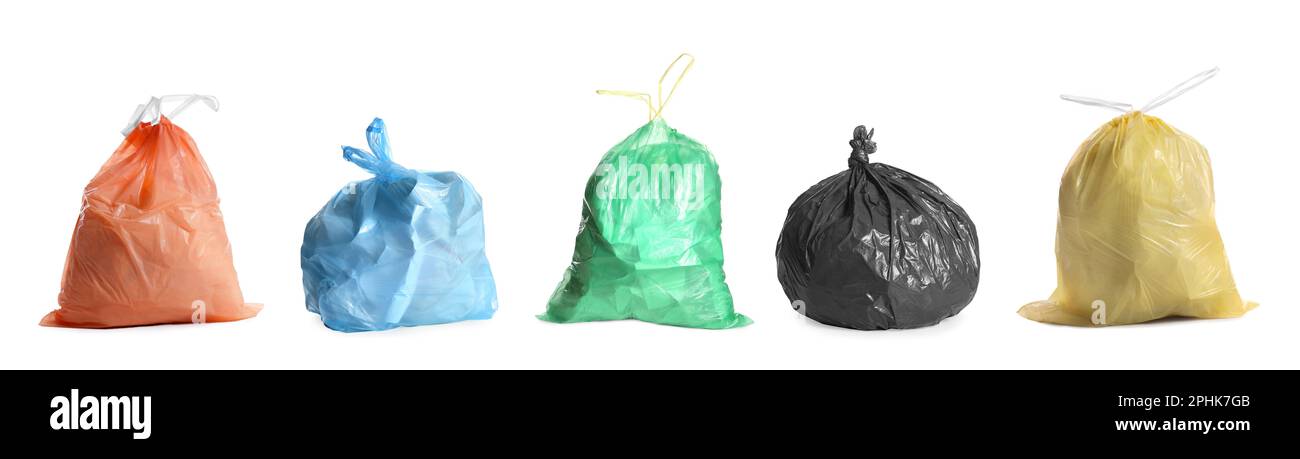 Set with different trash bags full of garbage on white background ...
