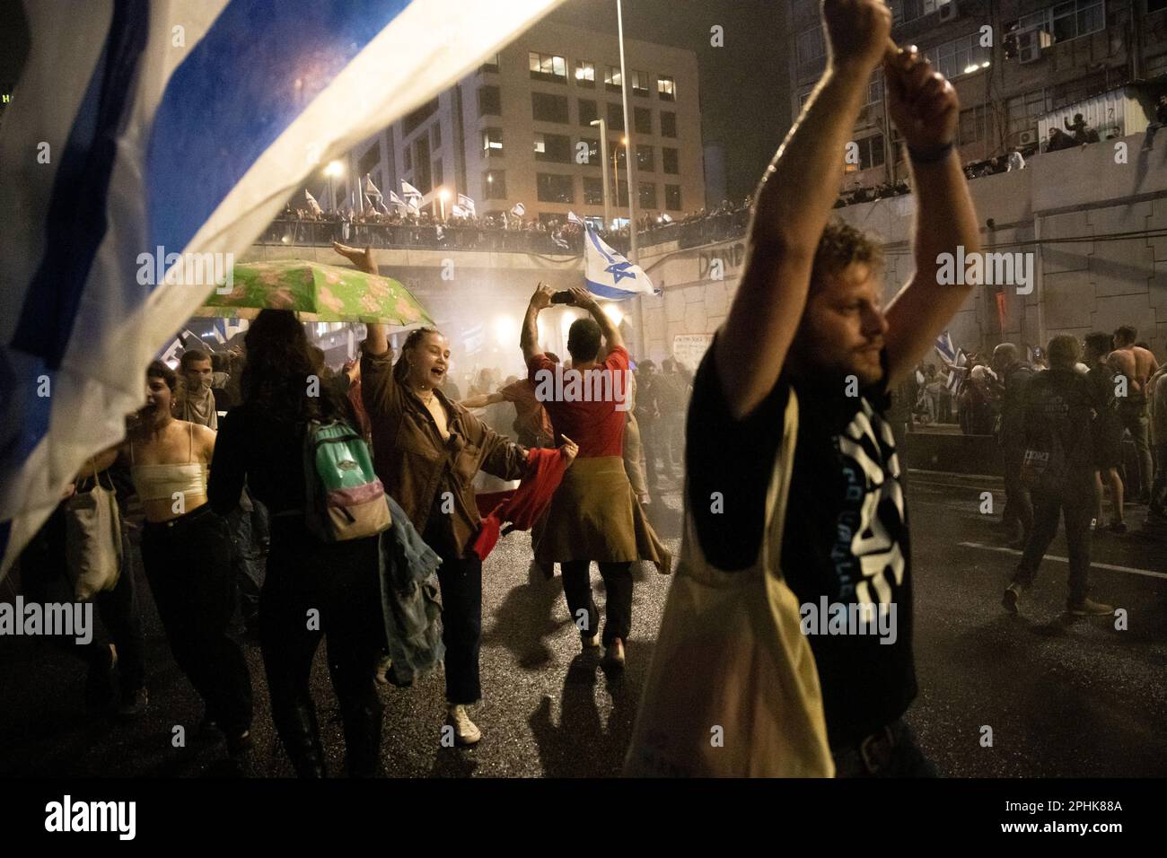Israel 23rd Mar 2023 Anti Reform Protestors Dance As Police Water