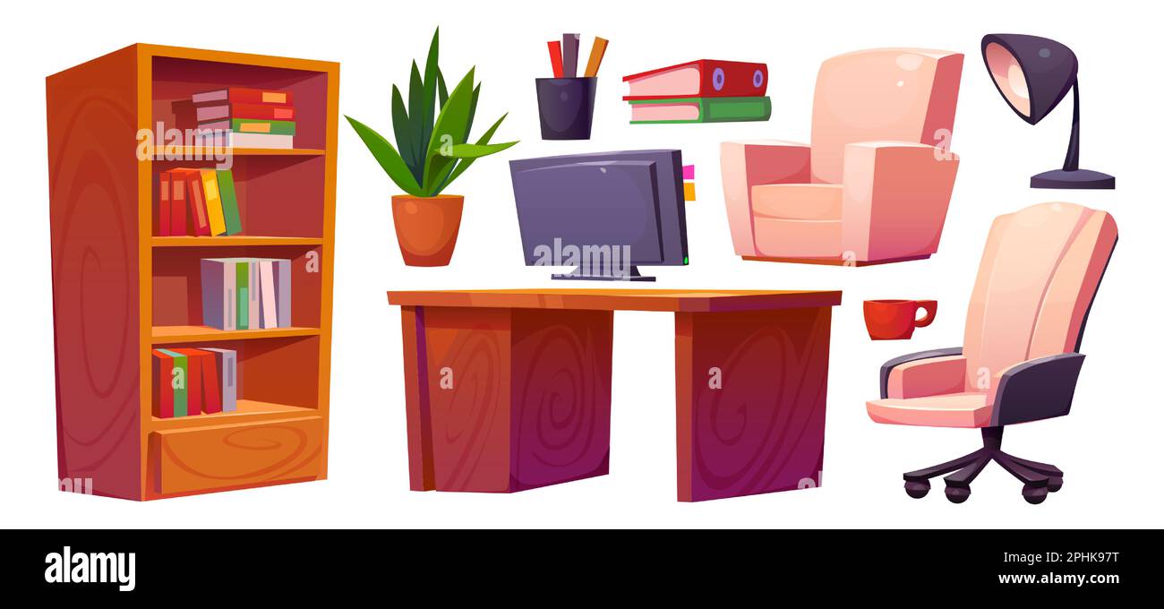 Modern work desk office room interior cartoon vector set. Isolated ...