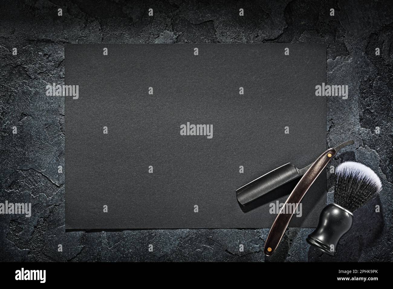 Mock Up Black Barber Tools On Stone Slate Background And Black Paper ...