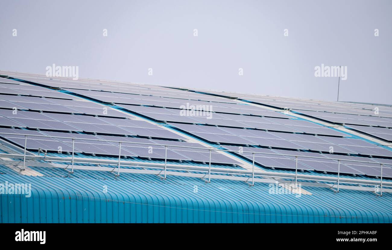 Solar energy for factory or warehouse building. Solar panels on the ...