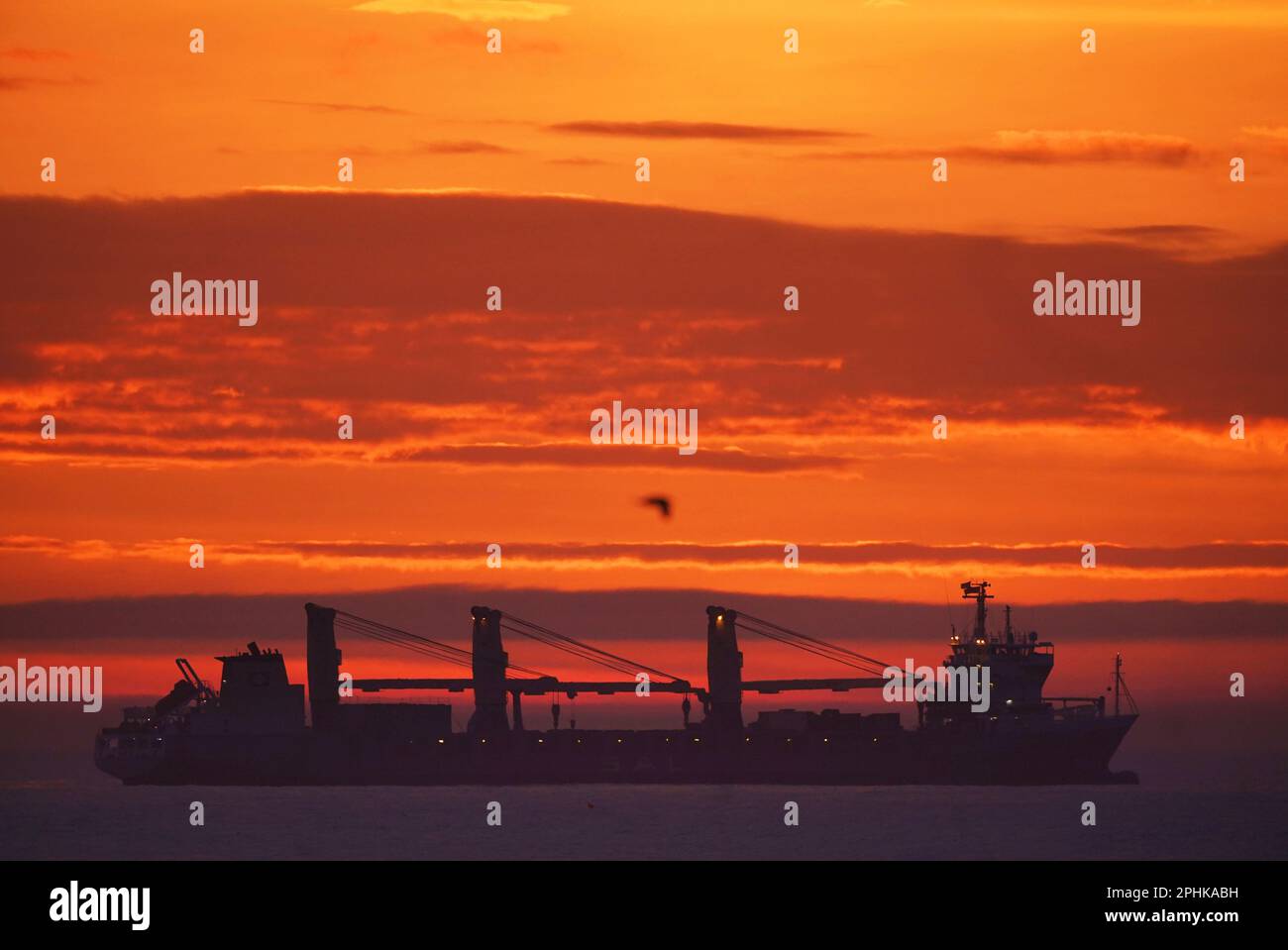 The cargo ship 'Maria' sits on the horizon as the sun rises over Brown ...