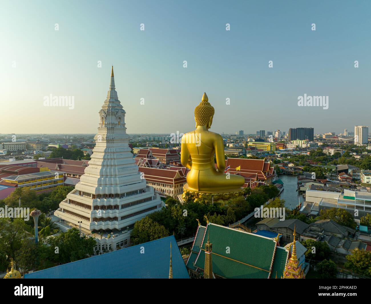aerial view golden big Buddha Wat Paknam Phasi Charoen in sunset ...