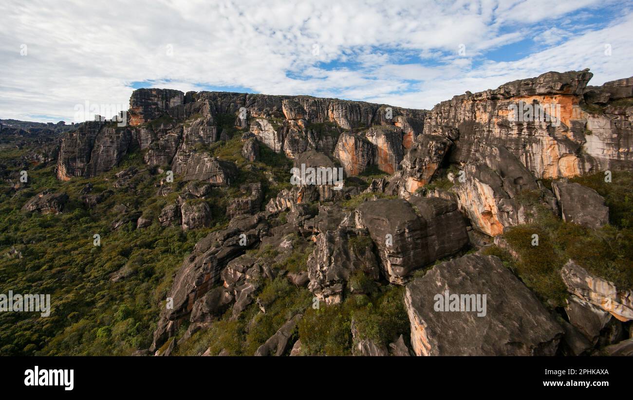 Rugged sandstone rocks on the plateau of Auyan tepui, a famous table ...