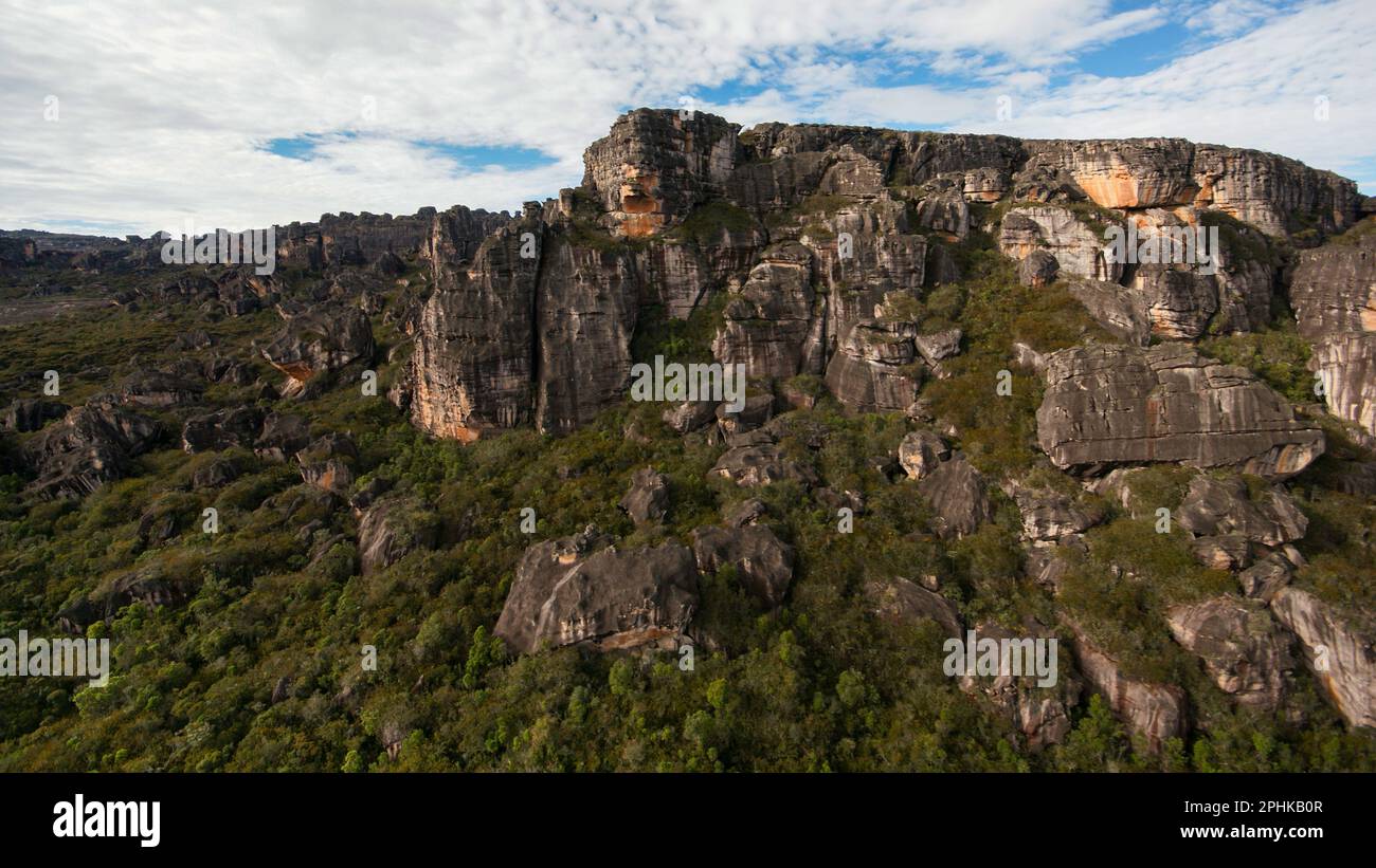 Rugged sandstone rocks on the plateau of Auyan tepui, a famous table ...