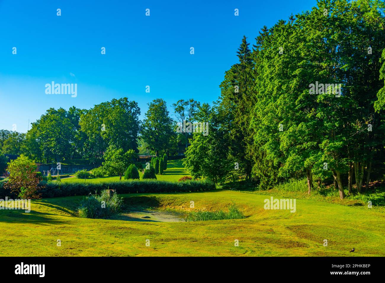 Green park in the center of Latvian village Kandava Stock Photo - Alamy
