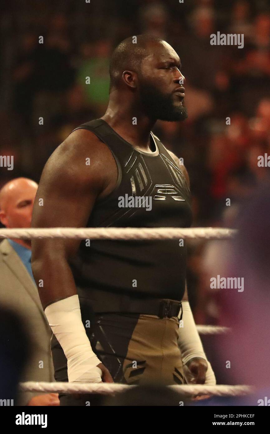 PHOENIX, ARIZONA - MARCH 27: Omos is in the ring for WWE WrestleMania ...