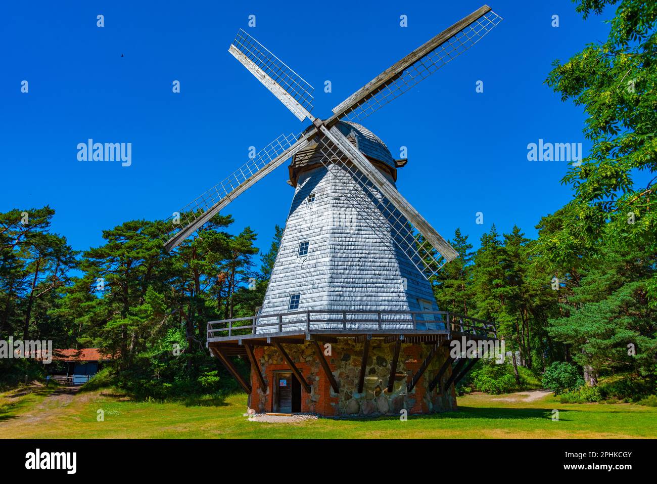 Wooden windmill at Seaside Open Air Museum in Latvian town Ventspils ...