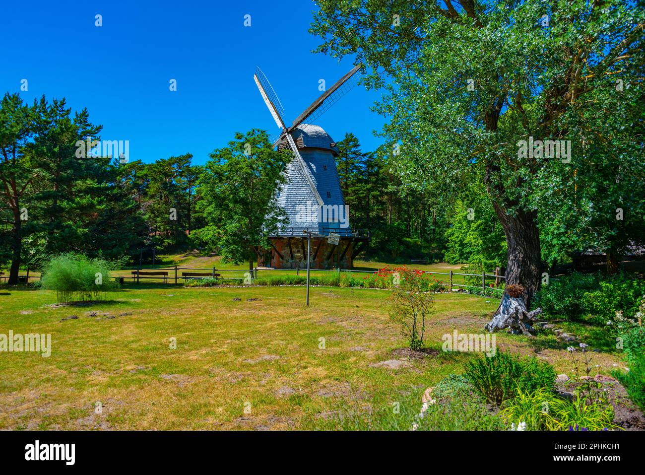 Wooden windmill at Seaside Open Air Museum in Latvian town Ventspils ...