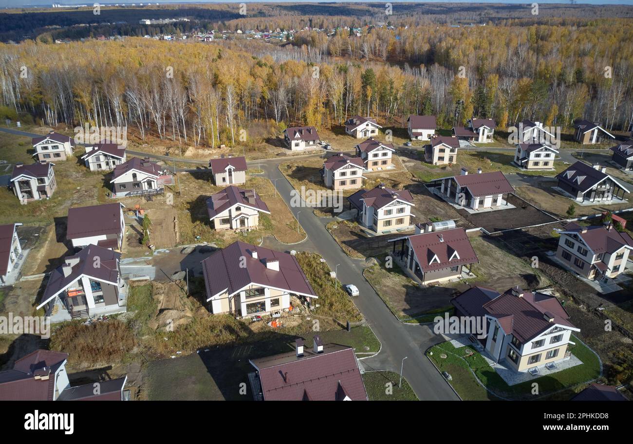 Aerial photo of scientific cottage village Sigma. Beautiful autumn ...