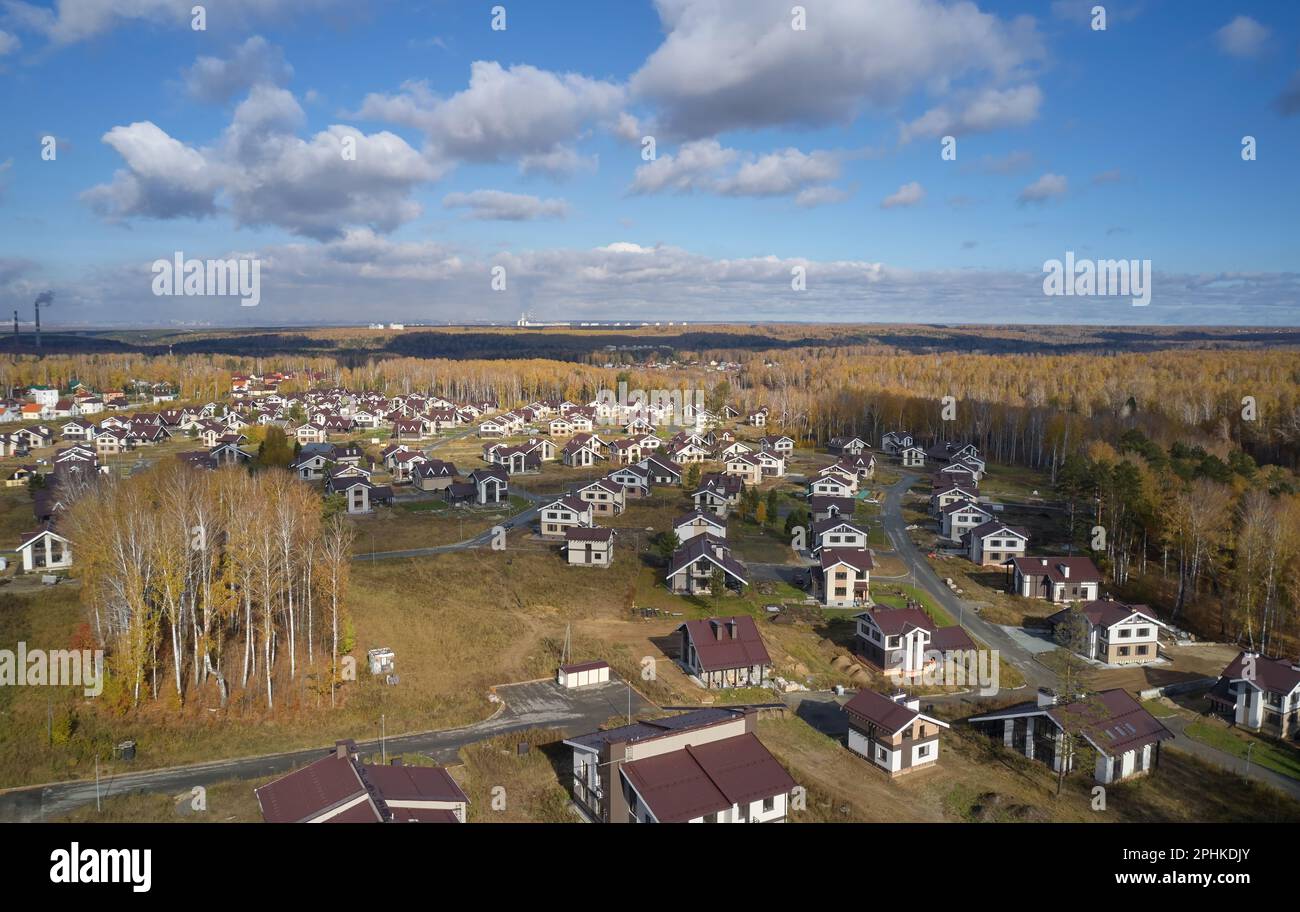 Aerial photo of scientific cottage village Sigma. Beautiful autumn ...