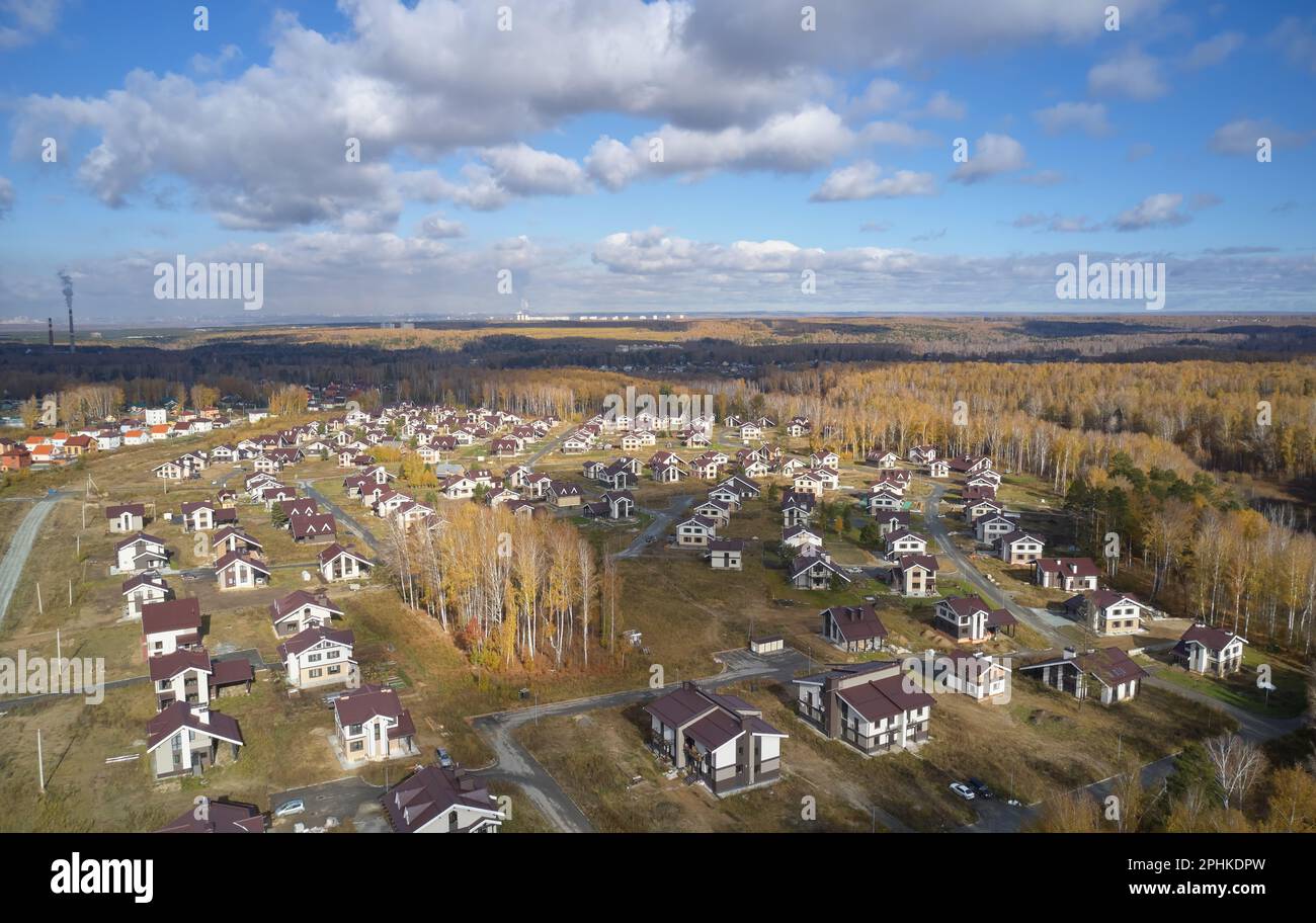 Aerial photo of scientific cottage village Sigma. Beautiful autumn ...