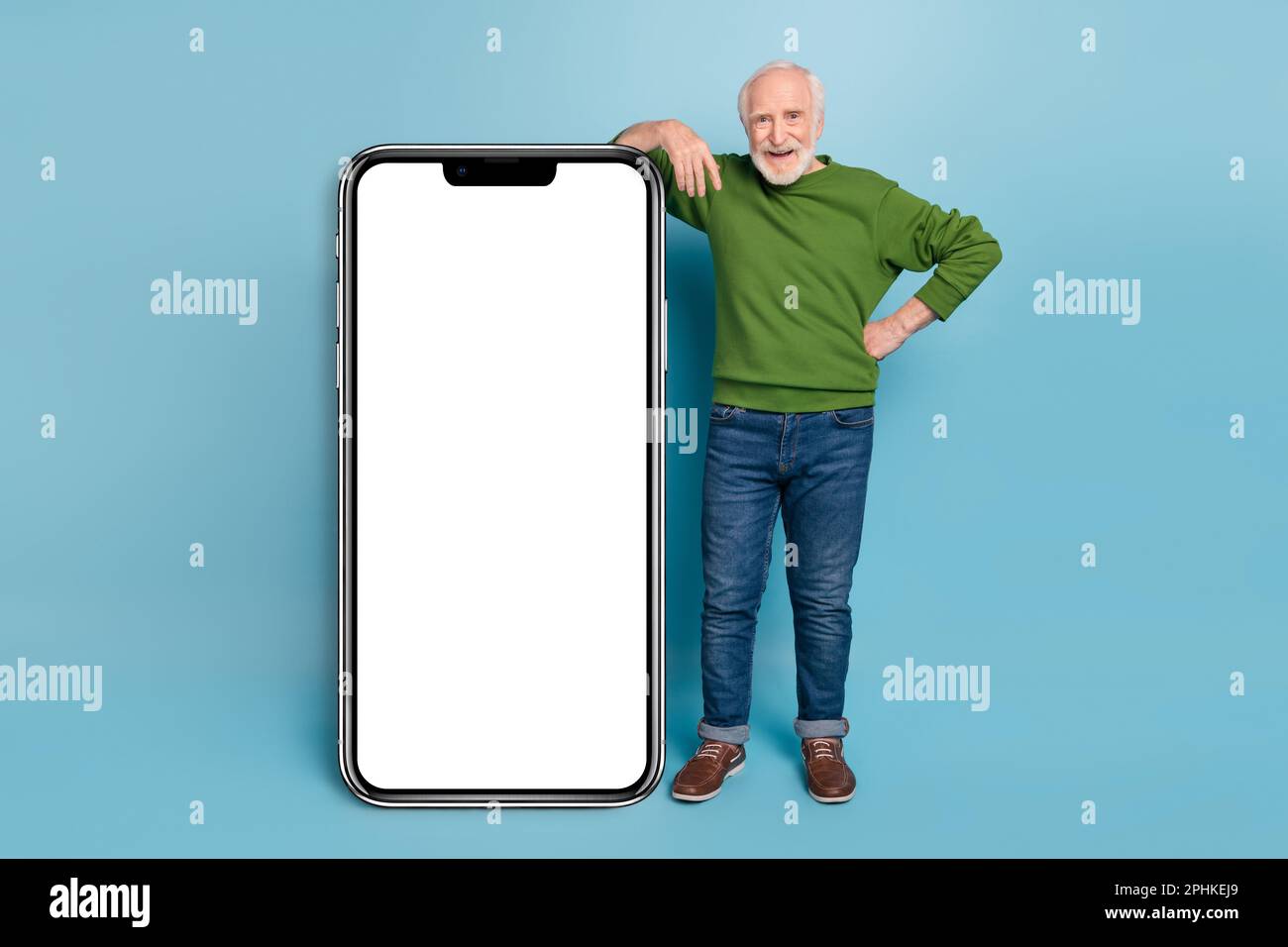 Full size photo of positive granddad standing near big empty space ...