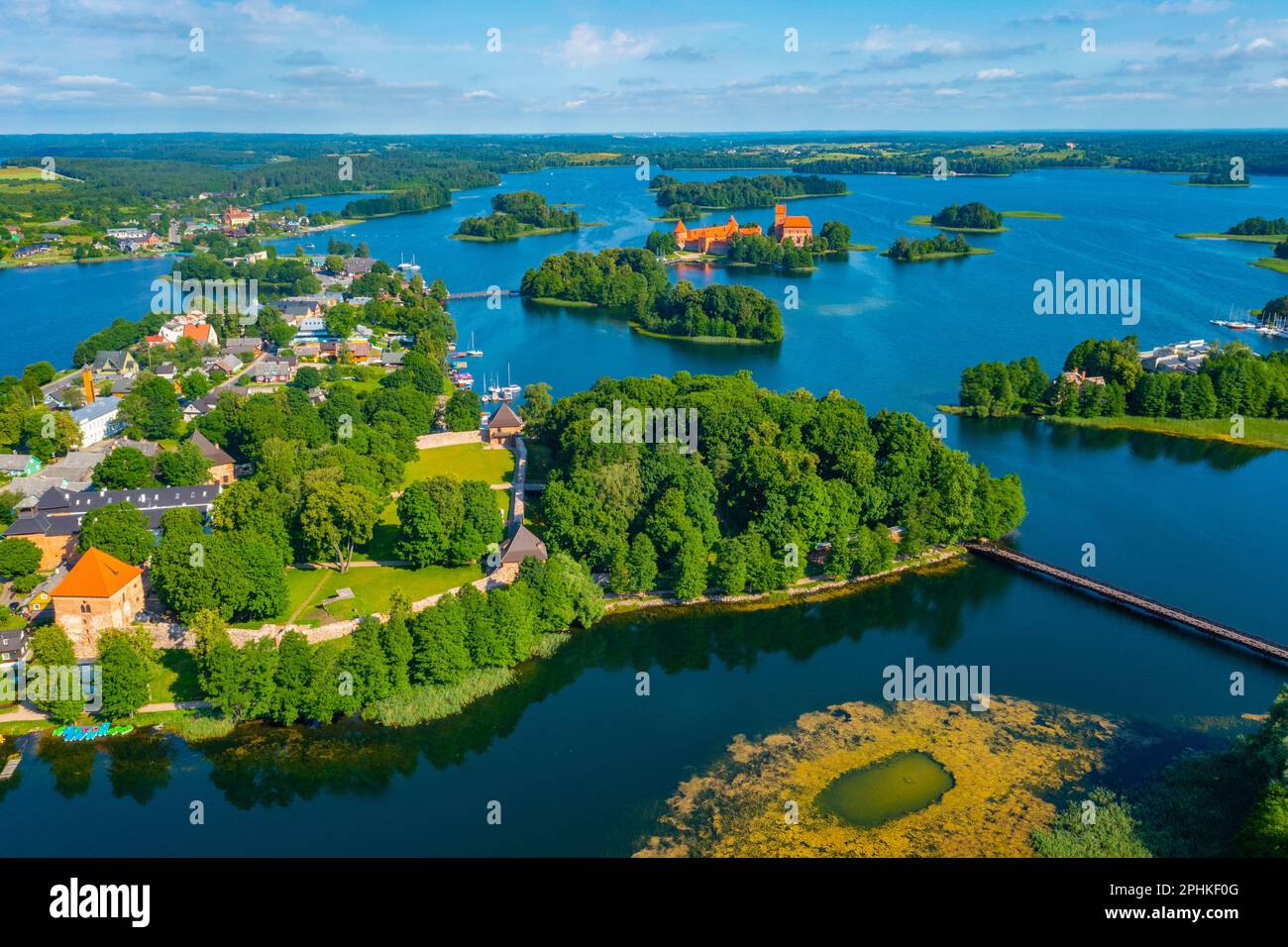 Panorama view of Trakai castle and village at Galve lake in Lithuania ...
