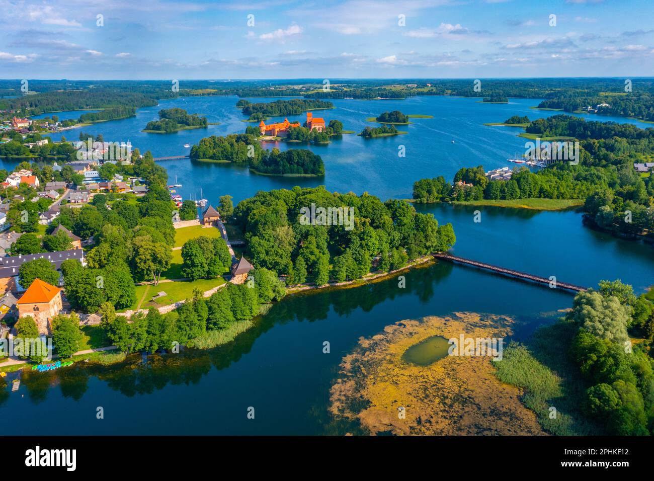 Panorama view of Trakai castle and village at Galve lake in Lithuania ...
