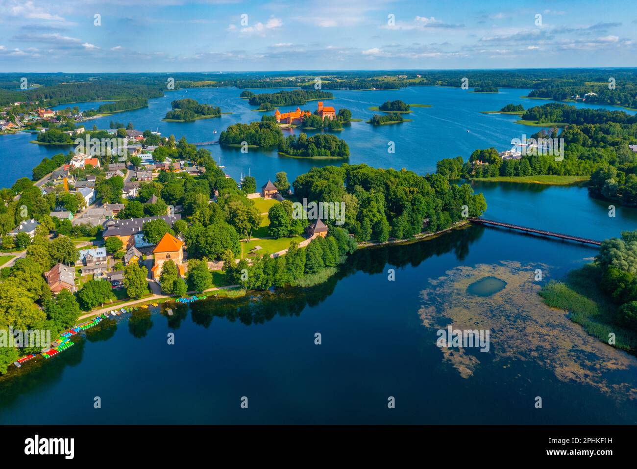 Panorama view of Trakai castle and village at Galve lake in Lithuania ...