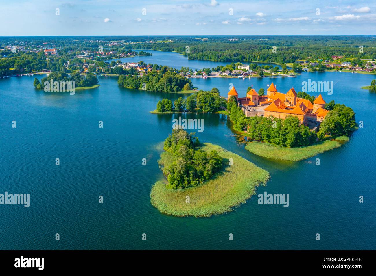 Panorama view of Trakai castle and village at Galve lake in Lithuania ...