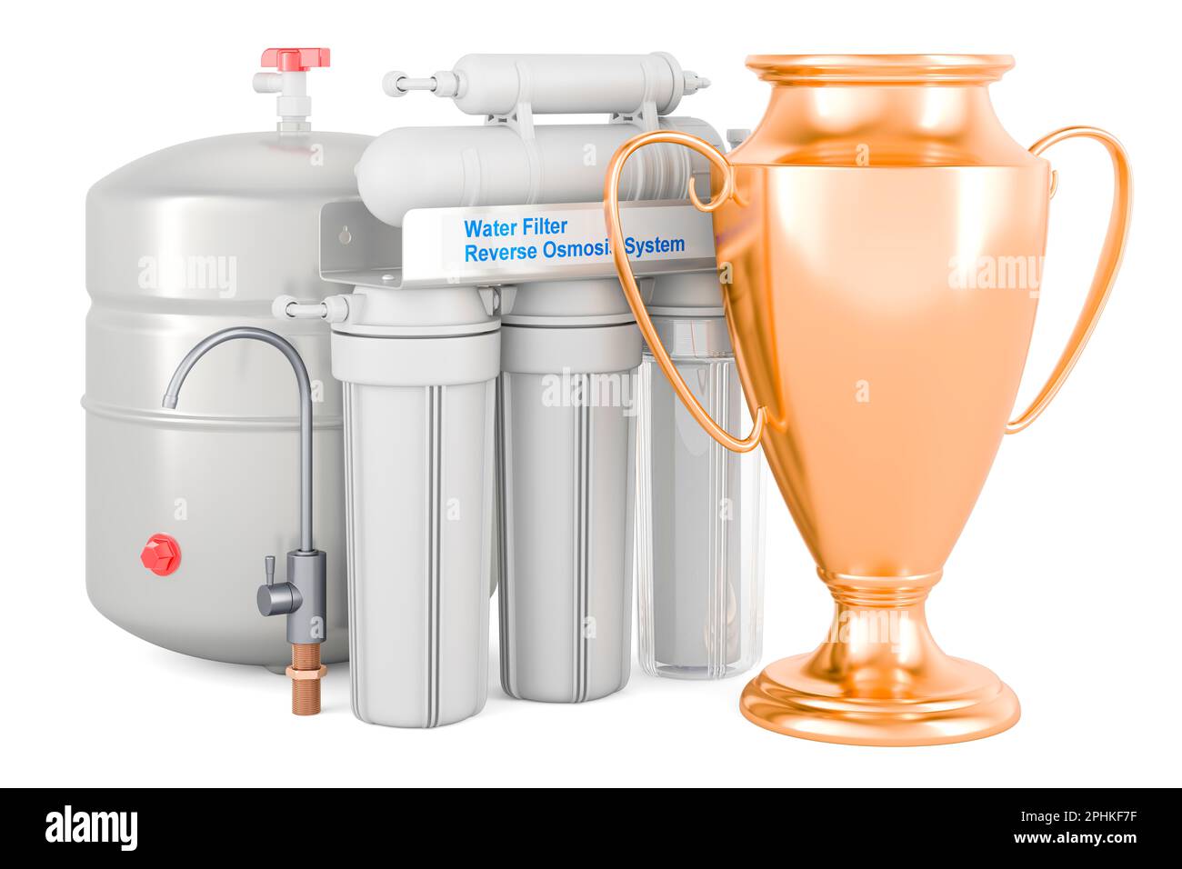 Reverse osmosis system with golden award cup concept. 3D rendering ...