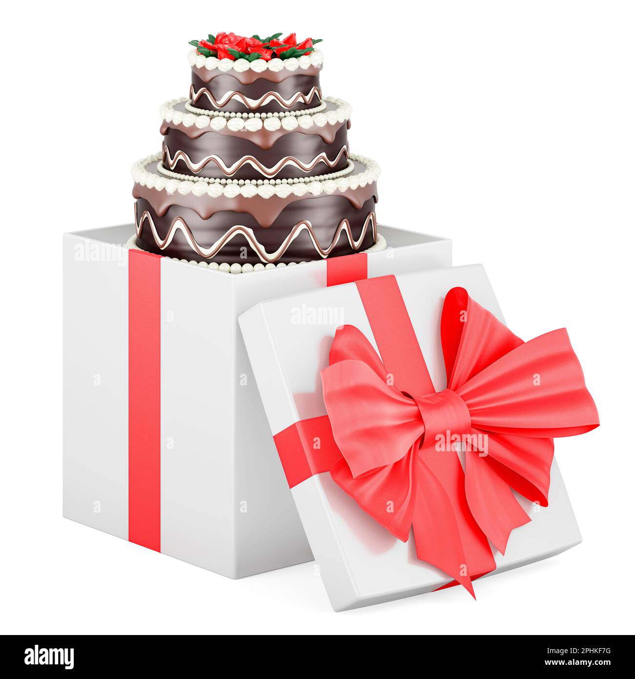Chocolate Birthday Cake inside gift box, present concept. 3D rendering ...
