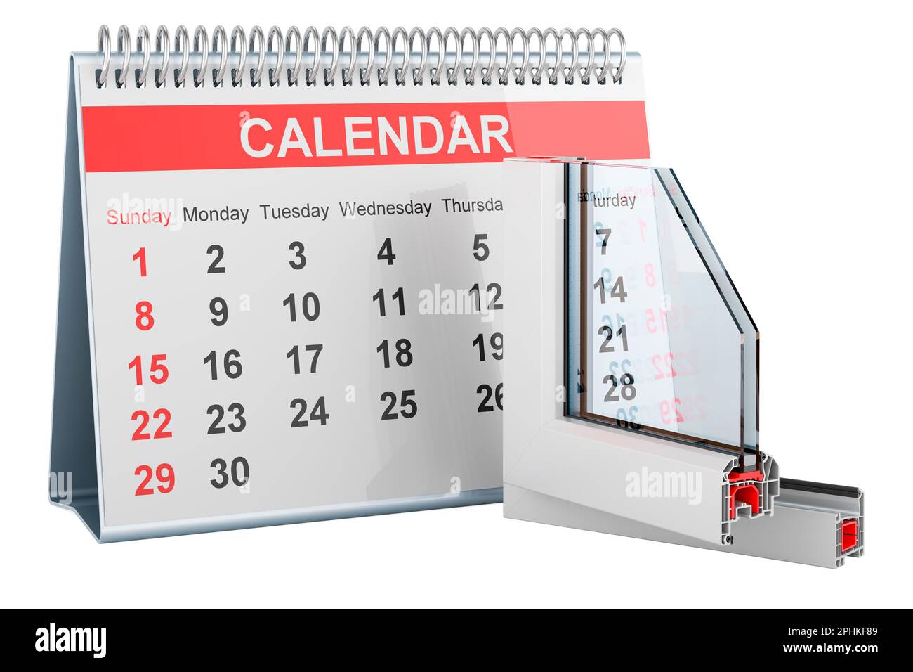 Plastic window profile with desk calendar, 3D rendering isolated on ...