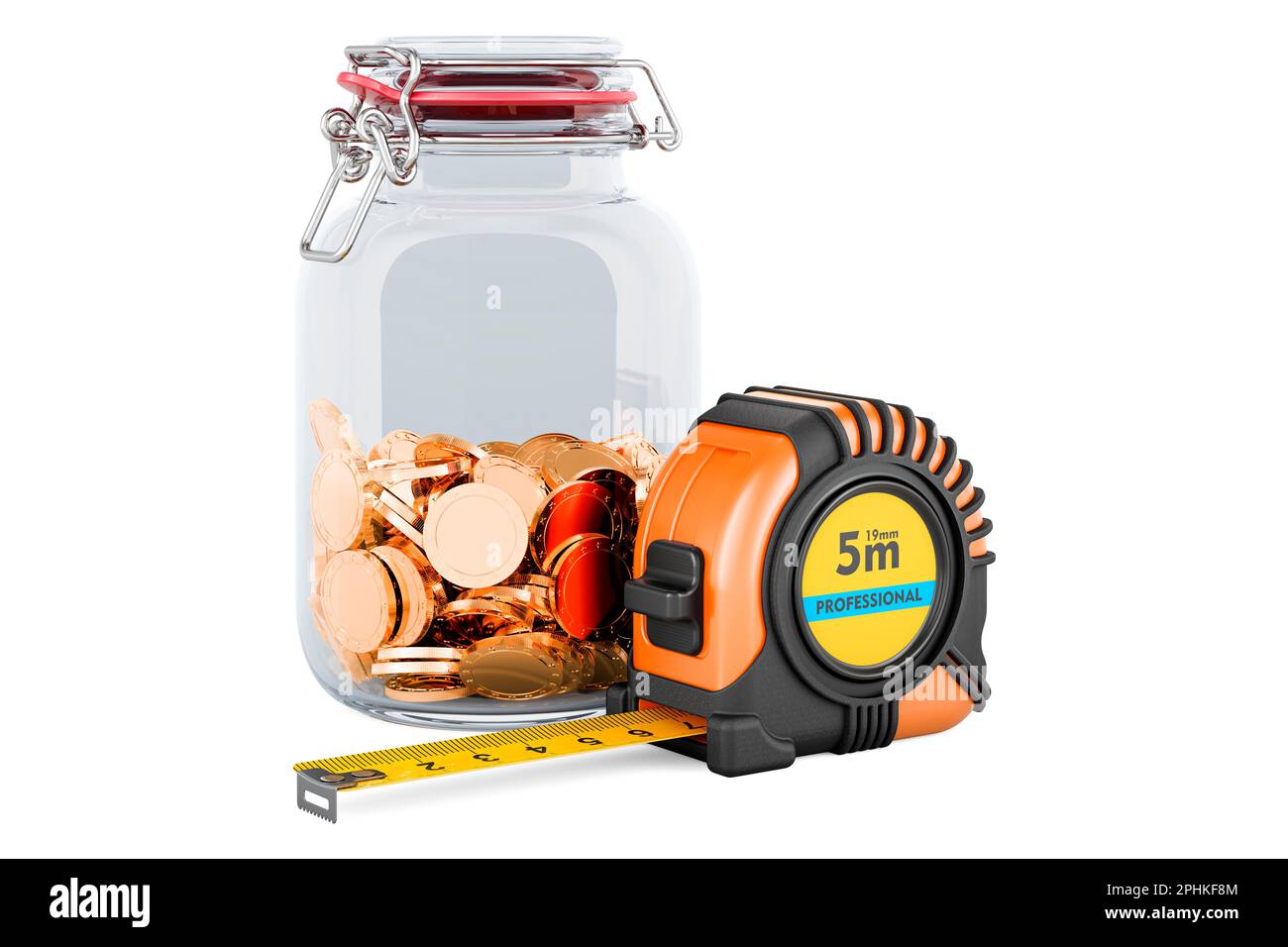 Tape measure with glass jar full of golden coins, 3D rendering isolated ...