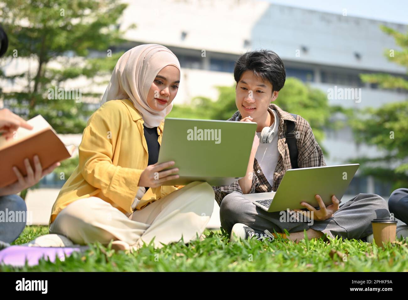 Focused young Asian Muslim female college student discussing work with ...
