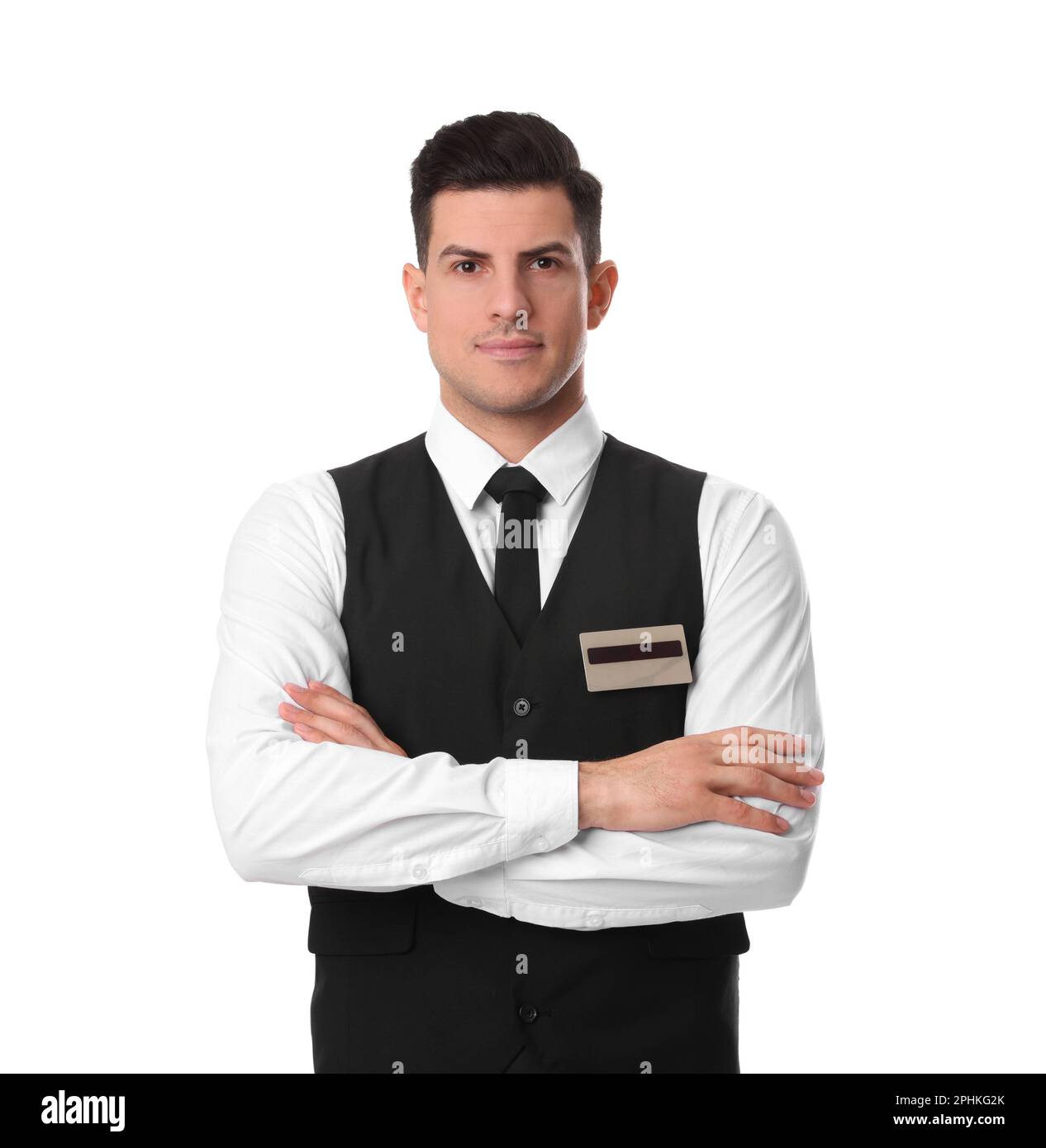 Portrait of happy receptionist in uniform on white background Stock ...