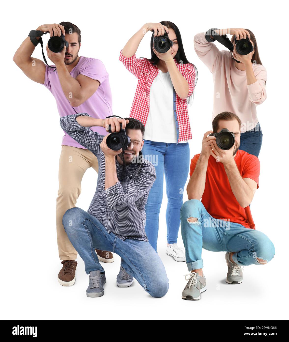 Group of professional photographers with cameras on white background ...