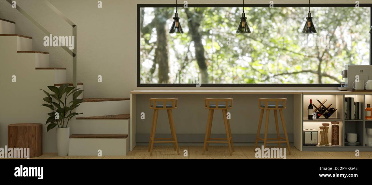 Modern contemporary bright living room interior design with counter bar ...