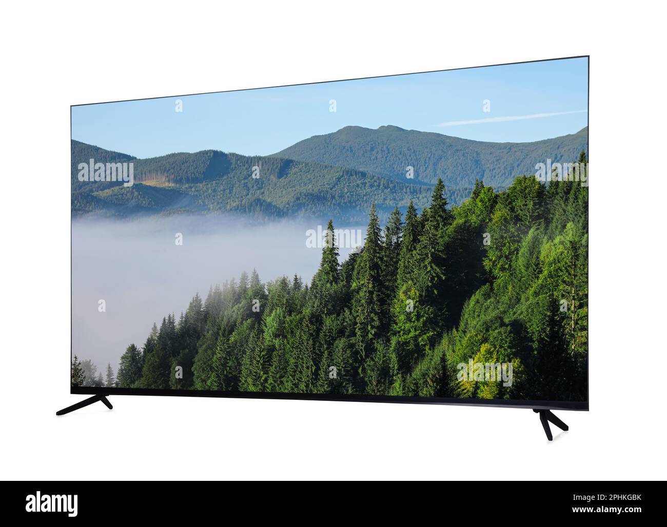 Modern wide screen TV monitor showing beautiful mountain landscape ...