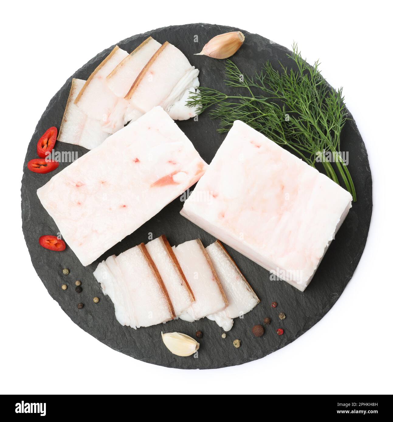 Pork fatback with dill, garlic and peppercorns isolated on white, top ...