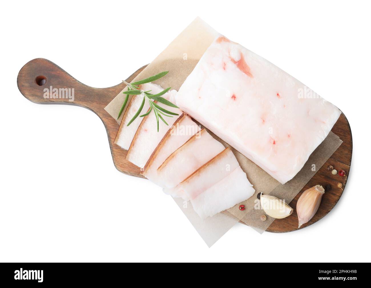 Pork fatback with rosemary, garlic and peppercorns isolated on white ...