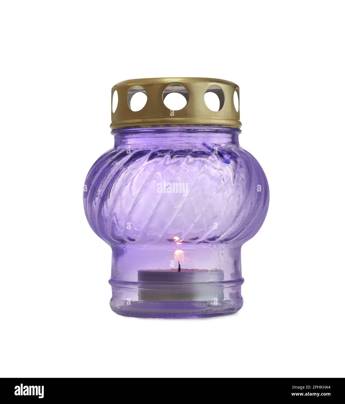 Violet grave light with burning candle isolated on white. Symbol of ...