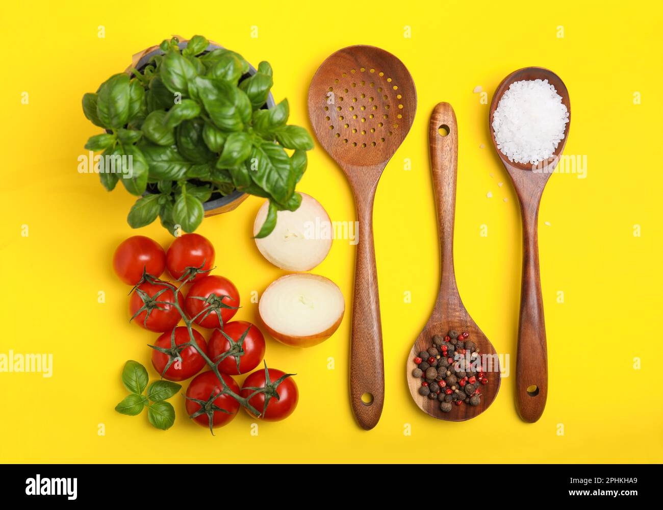Flat lay composition with cooking utensils and fresh ingredients on ...