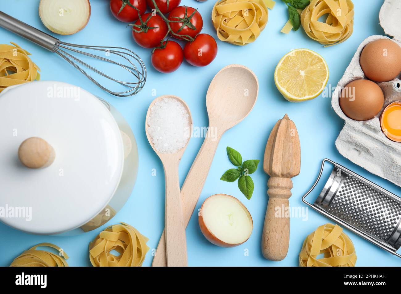 Flat lay composition with cooking utensils and fresh ingredients on ...