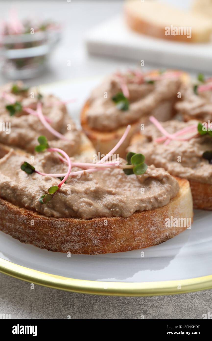 Slices of bread with delicious pate and microgreens on light grey table ...