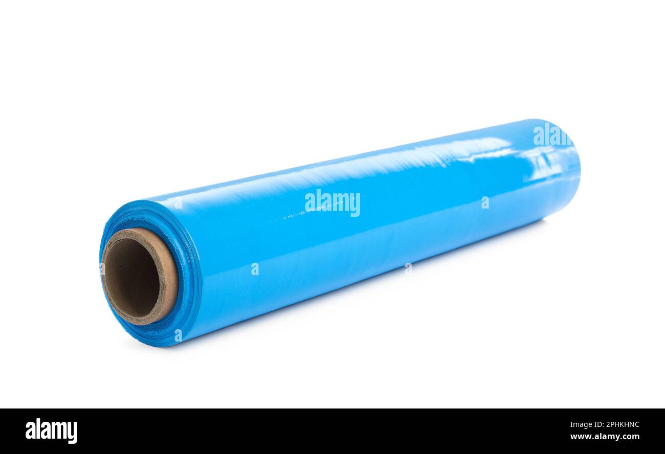 Roll of light blue stretch wrap isolated on white Stock Photo - Alamy