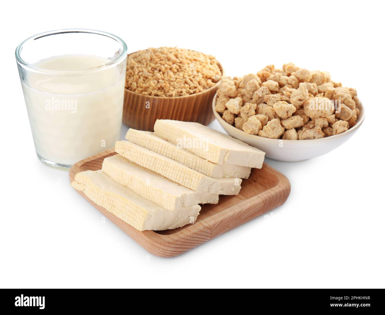 Different natural soy products on white background Stock Photo - Alamy