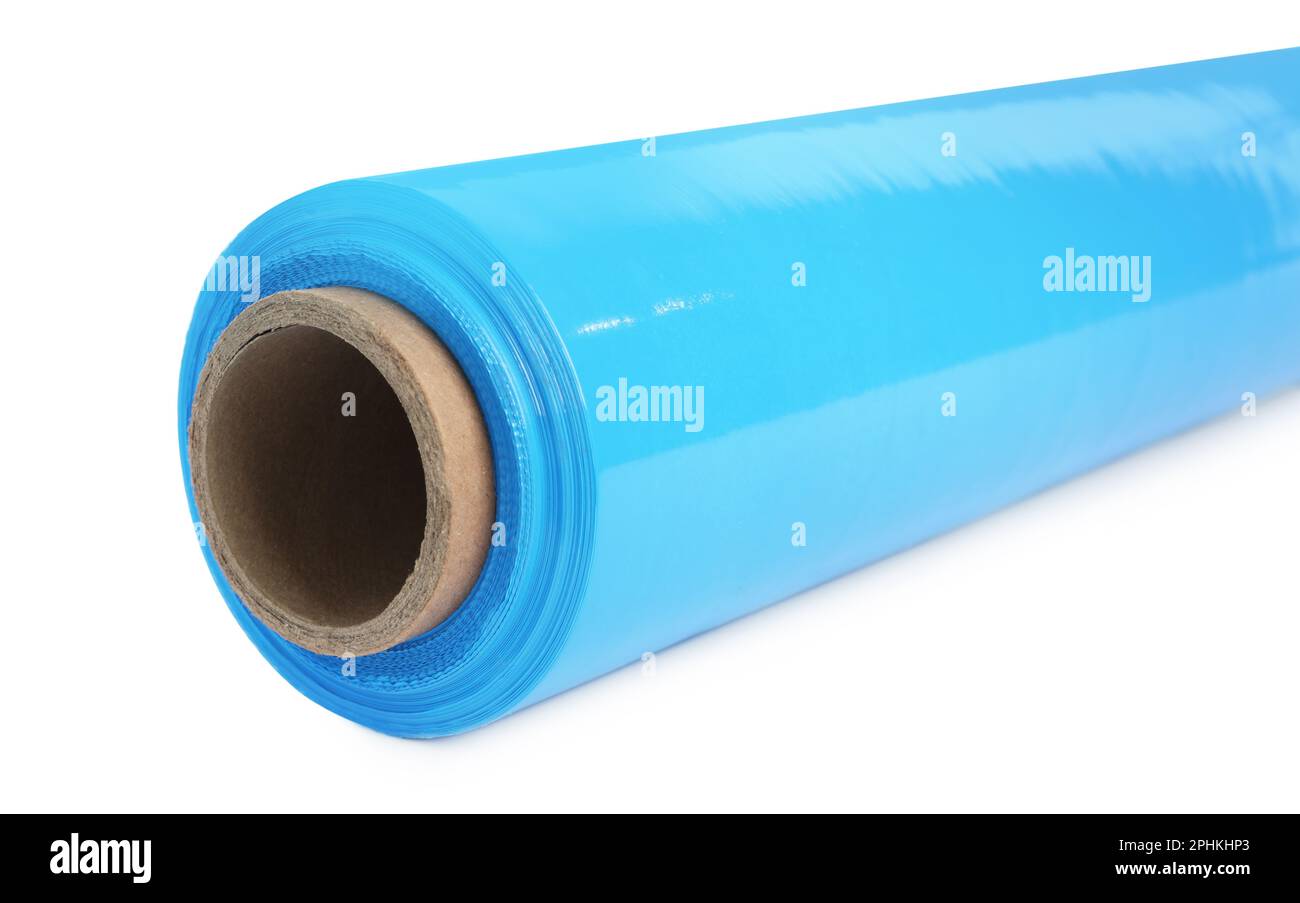 Roll of light blue stretch wrap isolated on white, closeup Stock Photo ...