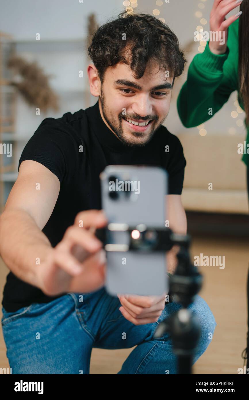 Blogger caucasian man live recording video on social network at home ...