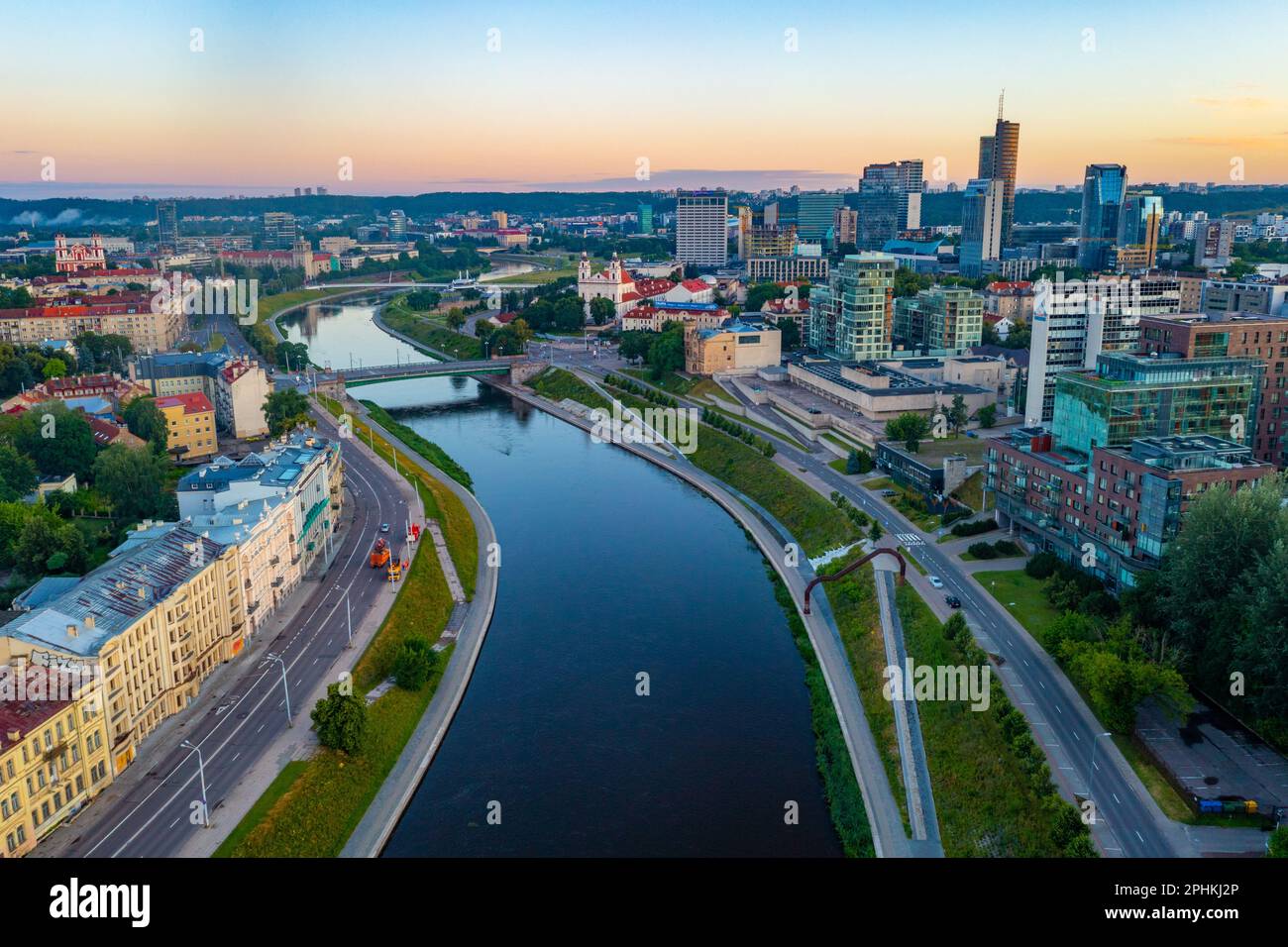 Sunrise view of riverside of the Neris river in Vilnius, Lithuania ...